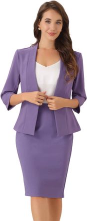 Allegra K Damen Business Rock Anzug Set 2-Teiliges B&uuml;ro Arbeits Outfit Kragenloser Blazer Bleistiftrock Lila XS