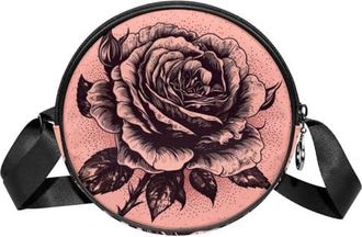 Generic Sac &agrave; bandouli&egrave;re Circle pour femme, petit sac &agrave; bandouli&egrave;re rose noire avec fermeture &eacute;clair, bretelles r&eacute;glables, sac &agrave; main rond d&eacute;contract&eacute; pour f
