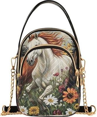 Mnsruu Sac à bandoulière pour femme avec sangle réglable - Motif cheval marron - Blanc et marron