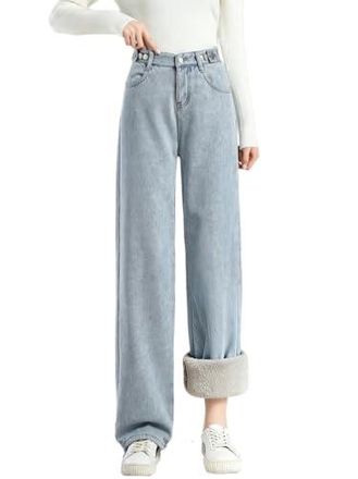 ORANDESIGNE Jean Polaire Femme Taille Haute Jean Chaud Hiver Jeans Doublé Polaire Jeans Thermique Larges A Bleu Clair XS
