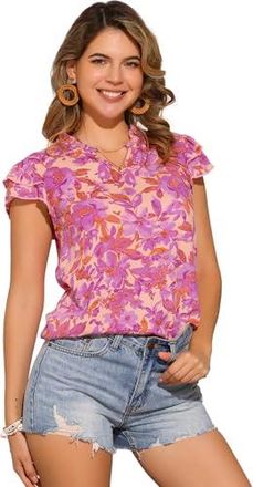 Allegra K Hauts D&eacute;contract&eacute;s Femmes T-Shirt Floral D&Eacute;t&eacute; &agrave; Volants Col en V Top &agrave; Manches Courtes Rose Vif L