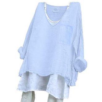 Generic Chemisier Femme Coton Et Lin Chic Et Elegant D&eacute;contract&eacute;s Chemisiers Et Blouses D&eacute;t&eacute; &Agrave; Manches Longues Col V Loose Top Legers Respirant Tunic Mode Cot