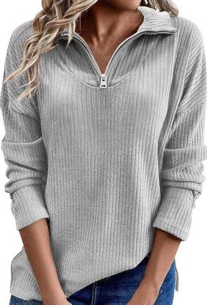 Generic Pull pour femme en tricot avec demi-fermeture &eacute;clair - Coupe ample - L&eacute;ger - Couleur unie - Tricot c&ocirc;tel&eacute; &agrave; manches longues - Style britannique &eacute;l&eacute;gan