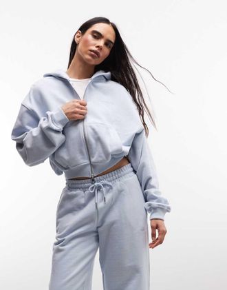 Cernucci Sweat &agrave; capuche court zipp&eacute; densemble 100 % coton avec logo - Bleu pastel