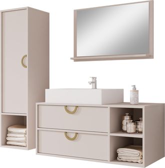 Mirjan24 Badezimmer Badm&ouml;bel Set Fainen 14 mit Waschbecken, Siphon und Spiegel, Unterschrank Hochschrank Waschtisch Badezimmerschrank H&auml;ngeschrank Waschbeckens