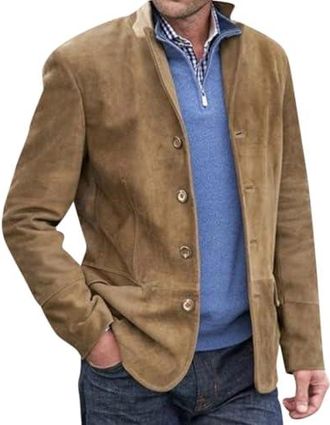 Onsoyours Blazer Décontracté à Col Montant pour Homme avec Poche à Revers et Manches Longues en Daim Vintage Décontracté Slim Bouton Costume daffaires Blazer Ve