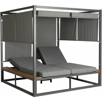 Hhg Aluminium Lounge-Gartenliege HHG-805, Sonnenliege Bali-Liege Doppelliege Outdoor-Bett Daybed, 10cm-Polster hellgrau