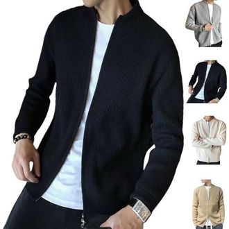 Generic Veste à manches longues côtelée simple et décontractée pour hommes, cardigan zippé pour hommes, pull à fermeture éclair à col montant, Noir, XXL