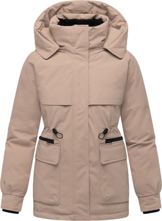 Marikoo Damen warme Winterjacke Pufferjacke mit abnehmbarer Kapuze, magnetischen Knöpfen und Taillenzugband Shigaraa XVI Taupe Grey Gr. 3XL