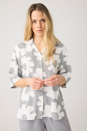 Knowledge Cotton Apparel Damen vegan Shirt Loose Leinen Mix Print Grau