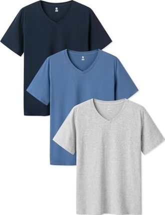 Lapasa Lot de 3 Maillots de Corps Homme Uni en Coton de Qualit&eacute; Manches Courtes T-Shirt Doux et Confortable M06 Col en V, Gris Clair, Bleu-Gris, Bleu Marine 