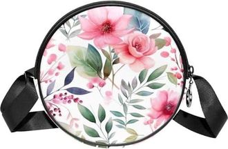 Generic Petit sac &agrave; bandouli&egrave;re circulaire pour femme, motif feuilles florales, sac &agrave; dos avec fermeture &eacute;clair, bretelles r&eacute;glables, sac &agrave; main rond d&eacute;contra