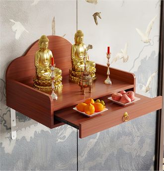 Generic Wood Altar Table Shelf, Wall-Mounted Prayer Table for Home Worship, Zen Decor Altar for Statues, Candles & Ritual Accessories(Teak,50x30cm/19.7x11.8in