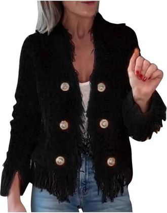 Generic Cardigan tendance à franges pour femme - Manteaux légers à boutons pour femmes, vestes décontractées à manches longues, tenues de bureau, Noir, 3XL