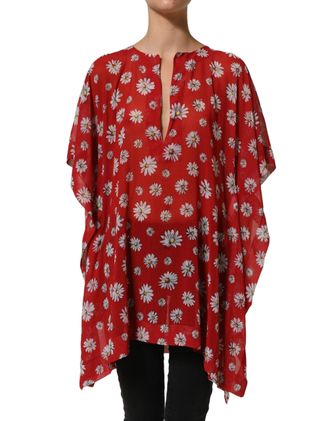 Dolce & Gabbana Womens Red Floral V-Neck Polyester Kaftan Blouse Top
