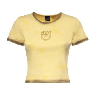 Pinko Pinko, Femme, Tops, Jaune, Taille: 40 FR T-shirt cropped &agrave; c&ocirc;tes avec logo