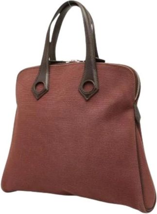 Herm&egrave;s Pre-owned Sac Ebou PM Sac Cabas en Toile et Cuir - Femme - Pre-owned - Brun - Taille: ONE Size
