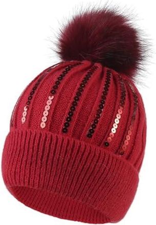 Generic M&uuml;Tze Bonnet dhiver pour femme avec pompon en fourrure synth&eacute;tique et rayures &agrave; paillettes pour femme et adolescente, 01 - Rouge, taille unique