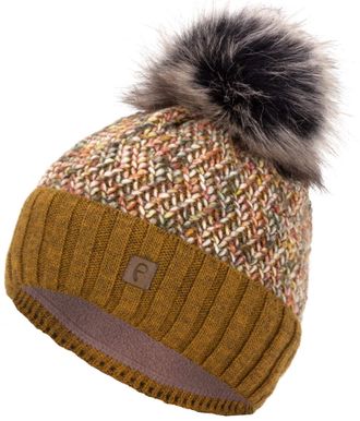 Faera Winterm&uuml;tze M&uuml;tze Damen gef&uuml;ttert mit Kunstfell Bommelm&uuml;tze Bommel Fleecefutter Winter Strickm&uuml;tze Beanie M&auml;dchen, Farbe:Senf