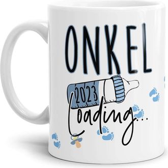 Tassendruck Tasse Babynews Du wirst Onkel 2023 - Geschenkidee/Ladebalken/Endlich Schwanger/Schwangerschaft verkünden/Baby - Weiß