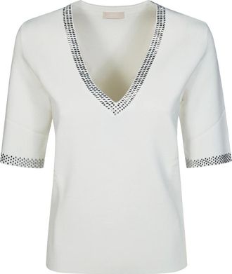 Liu Jo Femme, Pulls, Blanc, Taille: 38 FR T-shirt en maille avec pierres