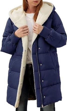 Generic Parka dhiver surdimensionn&eacute;e doubl&eacute;e Sherpa pour femme - Parka matelass&eacute;e en polaire chaude avec fermeture &eacute;clair - Avec capuche, bleu marine, XXL