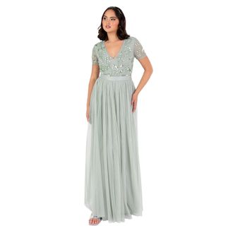 Maya Womens Maxi Ladies Floral Sequin Embellished V-Neck Short Sleeve Tulle Sash Tie Belt Empire A-line Bridesmaid Dress, Green Lily, 32