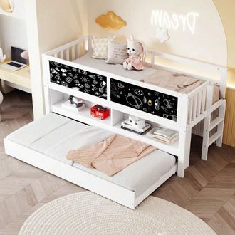 Generic Kinderbett 90x200 cm Hausbett mit Graffiti-Tafel - Ausziehbares Bett mit Kletterleiter & Stauraum - Massivholz, wei&szlig;, ohne Matratze