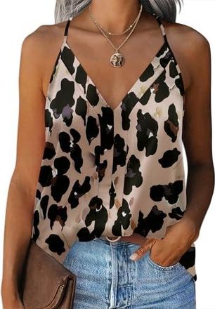 Zeagoo D&eacute;bardeur camisole en satin pour femme - Bretelles spaghetti - Haut basique - Bretelles spaghetti r&eacute;glables - D&eacute;collet&eacute; en V - D&eacute;bardeur tank top, L&eacute;o