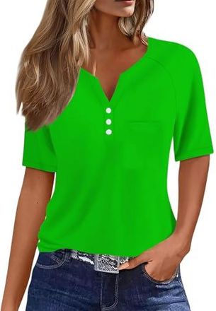 Generic T-shirt &agrave; manches courtes Henley pour femme avec col en V boutonn&eacute;, Z01-Vert fluo, M