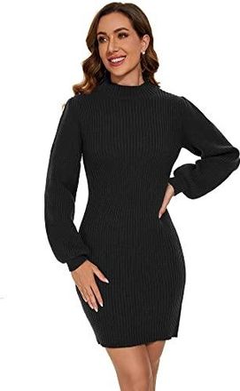 Ever-pretty Robes Pull Femme Hiver Casual Col roulé Manches Longues Sirène Au Genou Robe pour Mariage Invité Chic Noir L