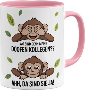 OM3 Lustige Arbeitskollegen Kaffee-Tasse mit Spruch - B&uuml;rotasse Doofe Kollegen Affen - Keramik Becher - 325ml - Beidseitig Bedruckt - Rosa