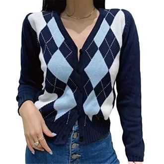 Onsoyours Femme Pull &Agrave; Carreaux Y2K Motif G&eacute;om&eacute;trique D&eacute;contract&eacute; Automne Hiver Tricot&eacute; Pull Mode L&acirc;che Tricots Angleterre Style Haut D Bleu L