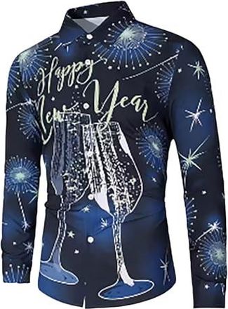 Generic Chemise de Noël pour homme - T-shirt de Noël boutonné à manches longues - Imprimé graphique fantaisie - Festival - Vacances - Décontracté - Vêtements 