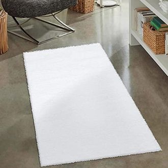 Carpet City Shaggy Tapis de salon, &agrave; poils longs, motif uni, blanc, 80 x 150 cm, doux et moelleux, moderne, convient &eacute;galement &agrave; la chambre &agrave; coucher
