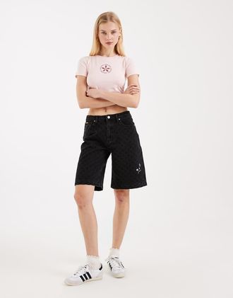 Santa Cruz Short fendu &agrave; carreaux - Noir d&eacute;lav&eacute;