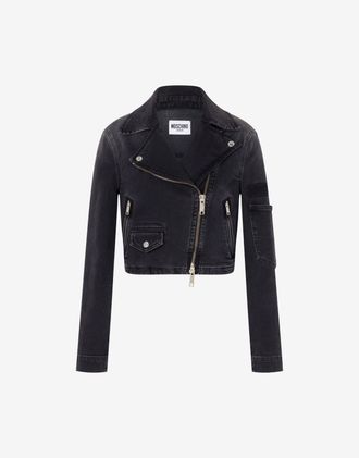 Moschino Veste motard en denim stretch - Gris