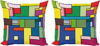 Abakuhaus Kunst Dekokissen Kissenbezug 2er Pack, Vivid Mondrian Squares, Modern Accent Doppelseitiger Digitaldruck, 50x50, Grün Blau