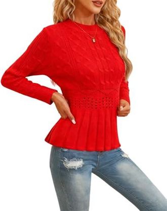 Generic Pull p&eacute;plum pour femme en tricot torsad&eacute;, d&eacute;contract&eacute;, col rond, coupe ajust&eacute;e, pull &agrave; volants en tricot torsad&eacute;, Rouge, XXL-6XL