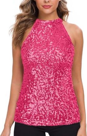 Generico Débardeur à paillettes pour femme - Sans manches - Avec perles, Rose intense, Taille Unique