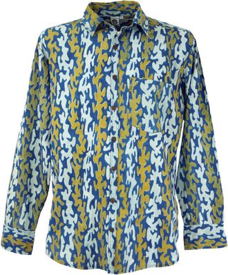 Guru Shop Freizeithemd, Goa Boho Hemd, Langarm Herrenhemd mit Afrikanischem Druck - Indigo/Curry, Baumwolle, Size:L