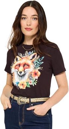 Joe Browns T-Shirt Graphique &agrave; Manches Courtes et col Rond pour Femme - Motif Renard dautomne - Noir - 38