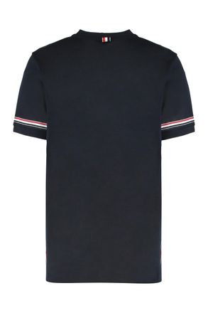 Thom Browne Mens Crew Neck Cotton T-Shirt With Striped Sleeves Blue T-Shirts And Polos