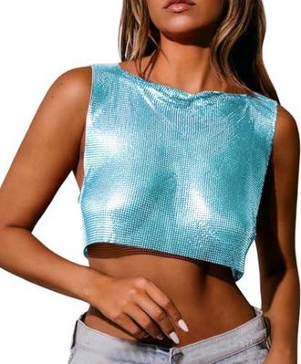 Generic D&eacute;bardeur &agrave; paillettes pour femme - D&eacute;contract&eacute; - Col bateau brillant - Sans manches - Pour sortir - Chemisier d&eacute;t&eacute; &agrave; paillettes scintillantes 2025 - 