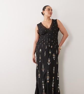 Asos Curve ASOS DESIGN Curve robe longue noire &agrave; col V orn&eacute;e de bijoux