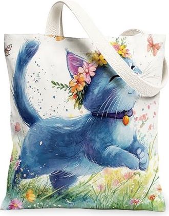 Generic Sac fourre-tout en toile motif chats russes bleus pour le shopping, 33 x 38 cm, motif papillons amusants, sac d&eacute;picerie r&eacute;utilisable pour femme, peint