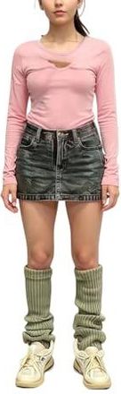 Generic Y2K Harajuku Jambi&egrave;res longues et souples en tricot c&ocirc;tel&eacute; uni pour femme, vert clair, taille unique