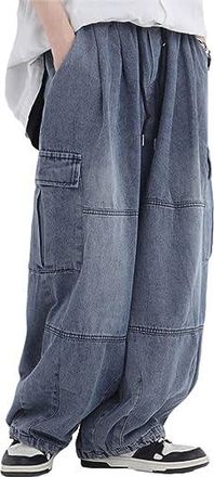 ORANDESIGNE Baggy Jeans Homme Coupe Droite Hip Hop Denim Pantalons à Imprimé Étoiles Lâche Fit Jambe Droite Pantalon Rétro Y2K Streetwear Unisexe E Bleu L