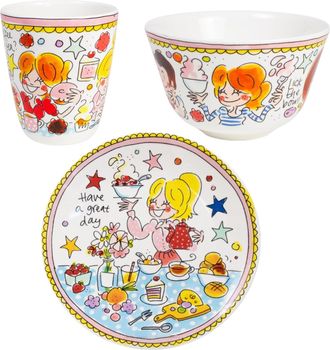 Blond Amsterdam Fr&uuml;hst&uuml;cksset Even Bijkletsen - 3-teilig Geschirrset - Tasse 0,35L Rosa Rand - Schale &Oslash;14cm Rosa Rand - Fr&uuml;hst&uuml;cksteller &Oslash;22cm mit Botschaften - Porze