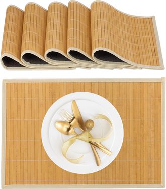 Relaxdays Tischset, 6er Set, Bambus, Stoffrand, rutschhemmend, 45 x 30 cm, Teller, Esstisch, eckiges Platzset, Creme